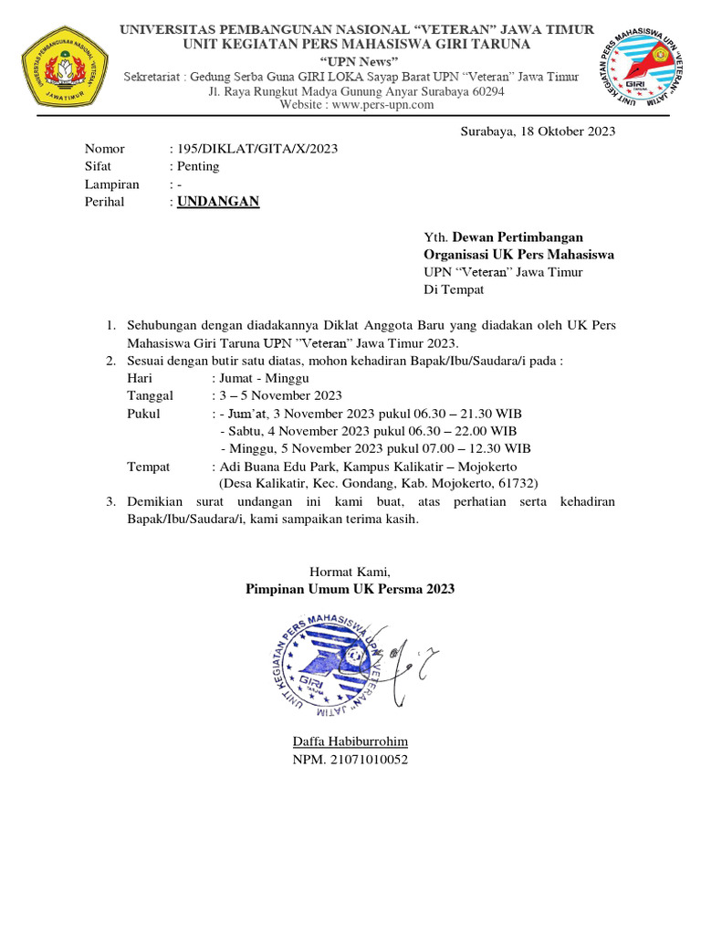 195 - Surat Undangan Diklat DPO | PDF