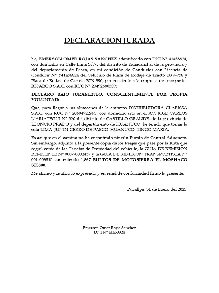 Declaracion Jurada - Ley 27037 | PDF
