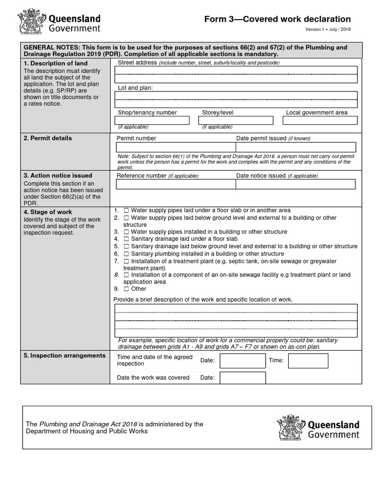 Form 3 Plumbing Declaration QLD | PDF | License | Plumbing