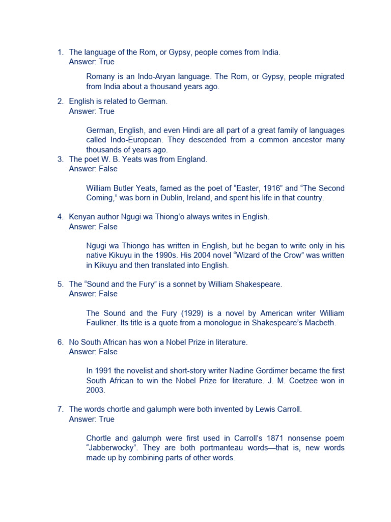 Language and Literature Quiz Facts | PDF | Romani People