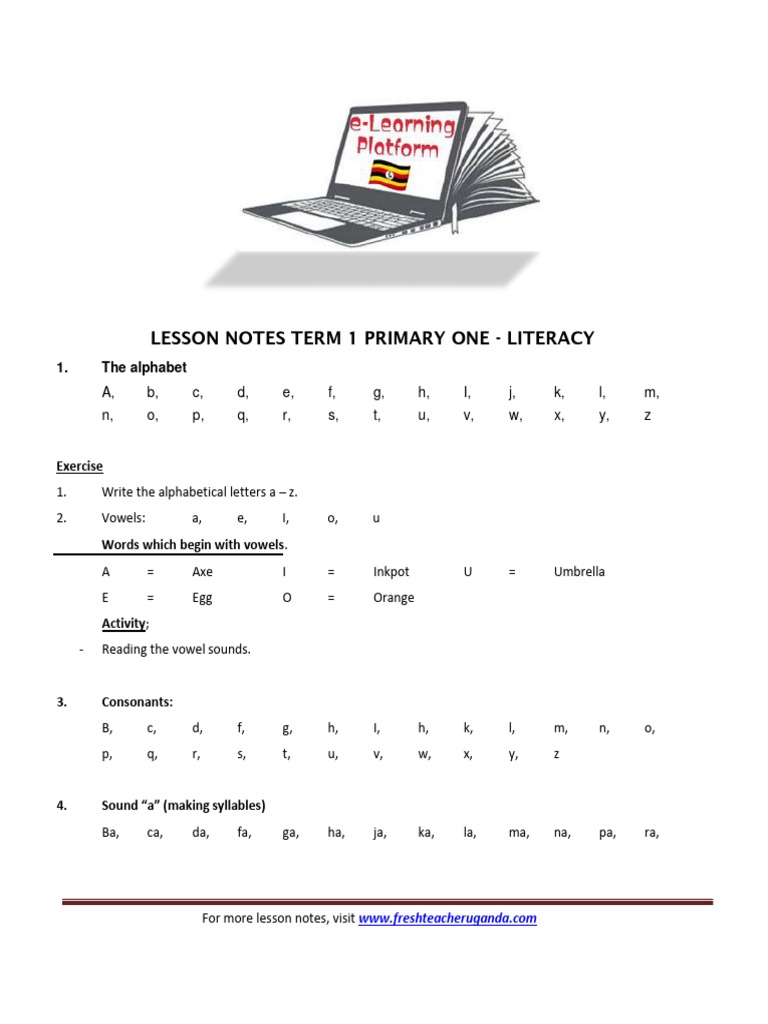 P.1 Lesson Notes Term 1 | PDF | Writing | Phonetics