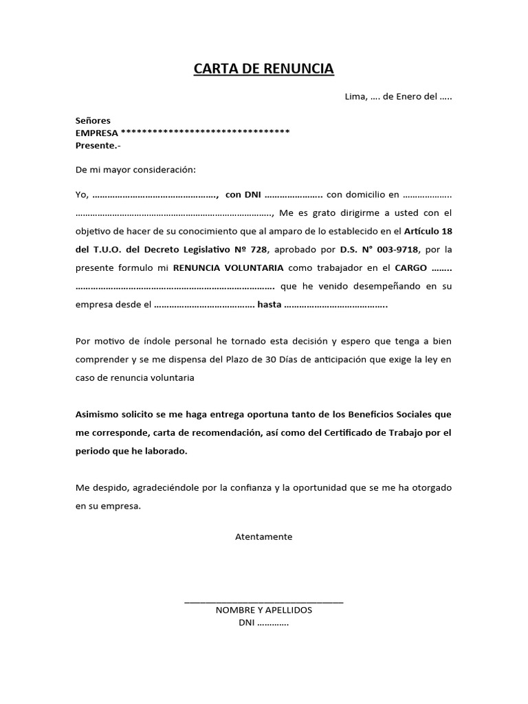 Carta de Renuncia Trabajo 2024 2024 | PDF | Negocios | Finanzas y dinero
