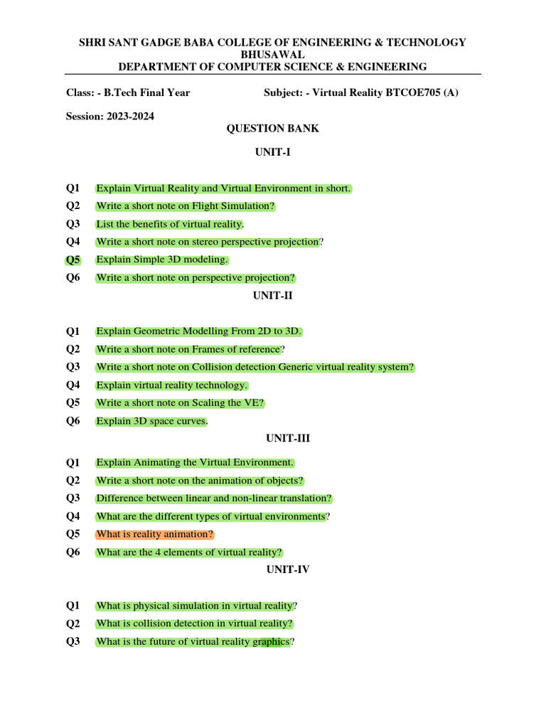 Virtual Reality Question Bank 2023-24 | PDF