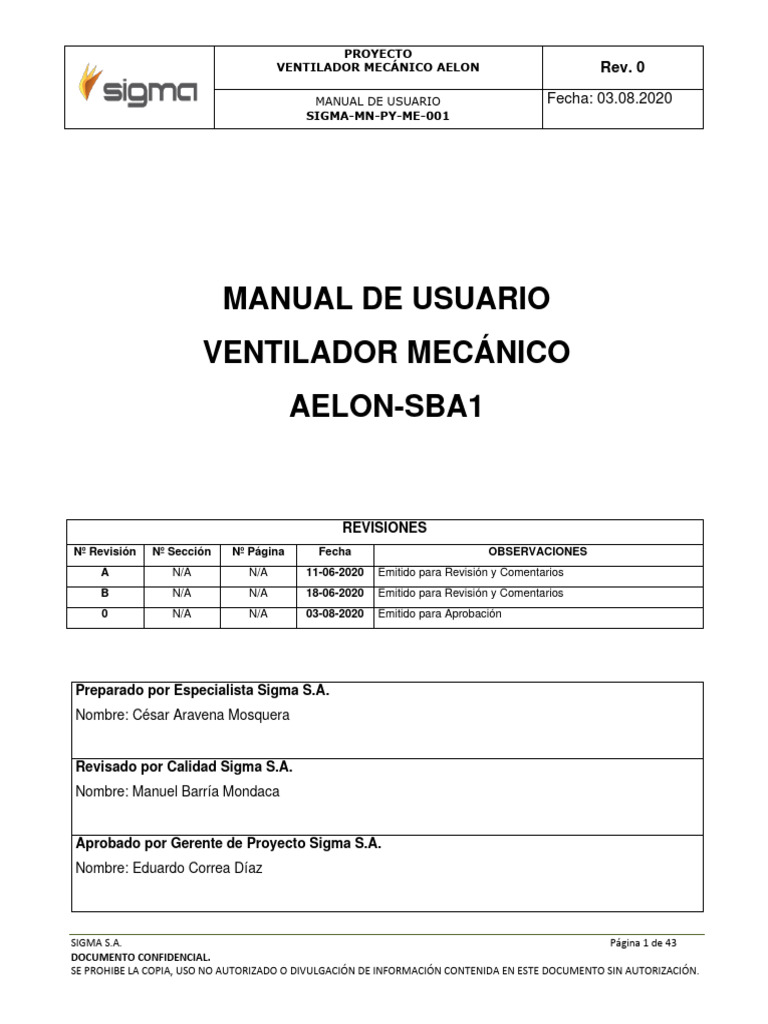 Ventilador Aelon-Sba1 Manual de Usuario | PDF | Sistema respiratorio