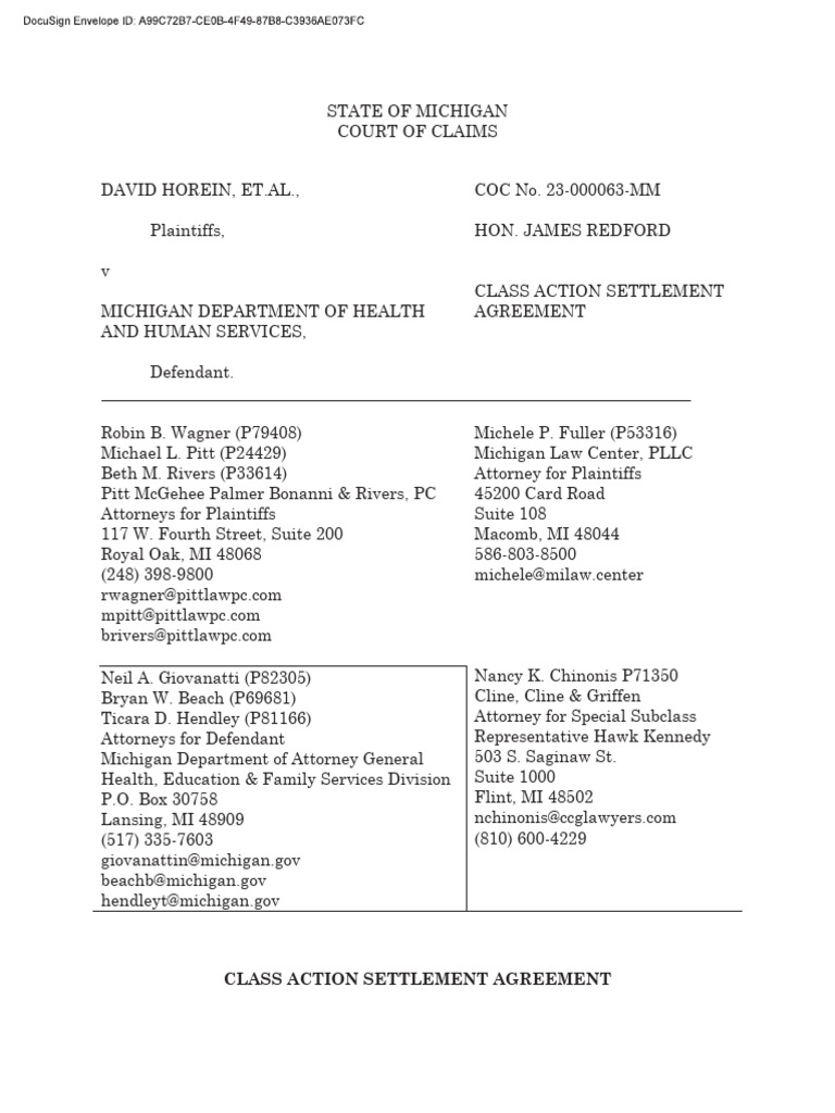Michigan Class Action Settlement Agreement | PDF | Lawsuit | Attorney's Fee