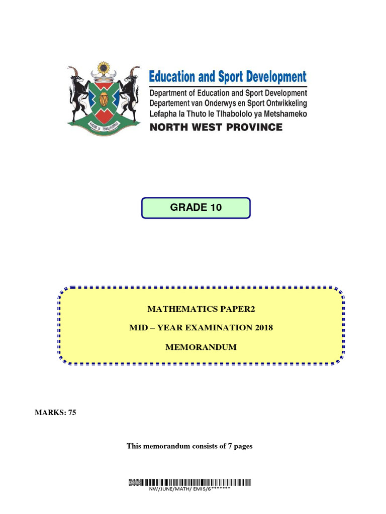 Mathematics GR 10 MEMO Paper 2 - 1 | PDF | Trigonometry