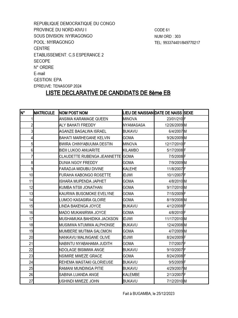 Liste des candidats TENASOSP 2024 | PDF