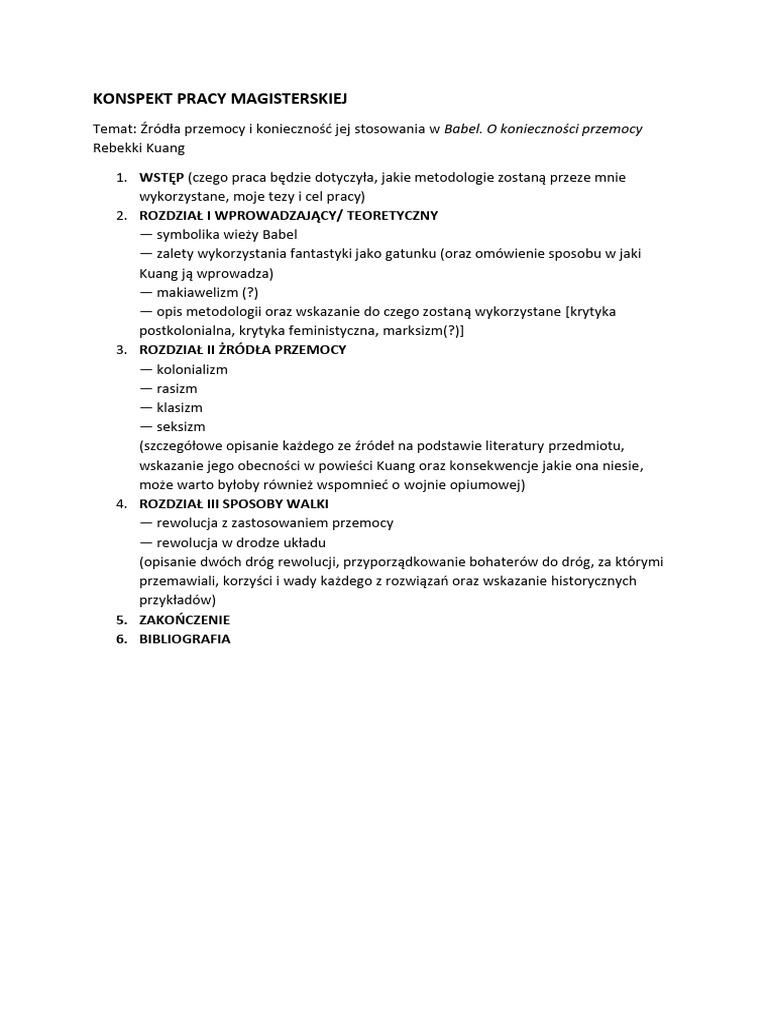 Konspekt Pracy Magisterskiej | PDF