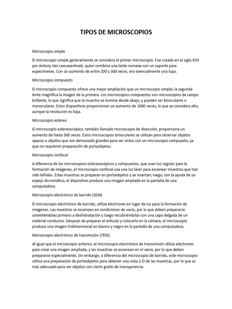 Tipos de Microscopios | PDF | Microscopio | Microscopio electrónico