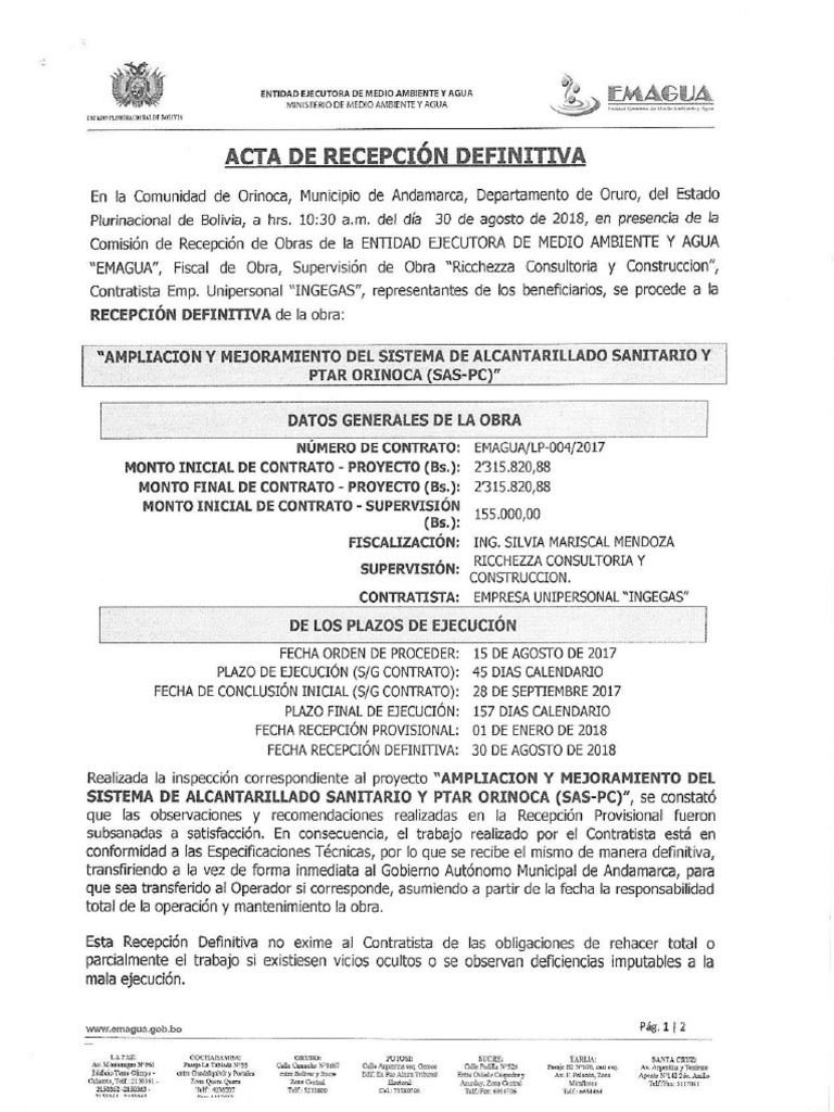 Acta de Recepcion Definitiva - Emagua | PDF Acta de Recepcion Definitiva - Emagua | PDF