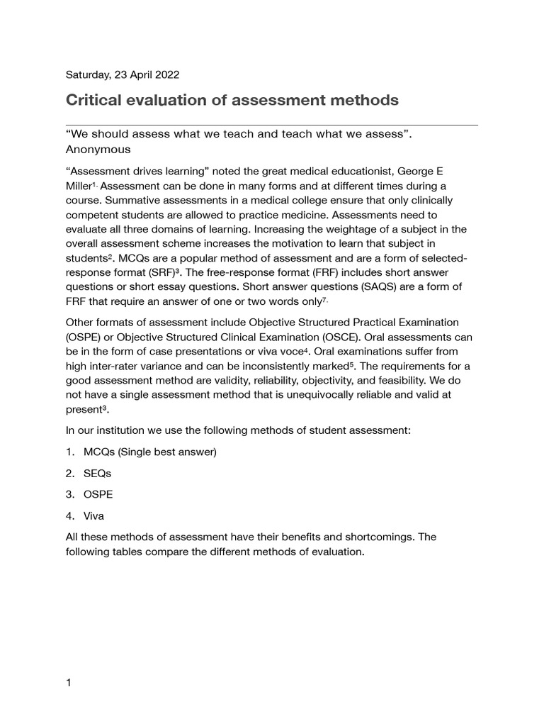 Evaluation of Medical Assessment Methods | PDF