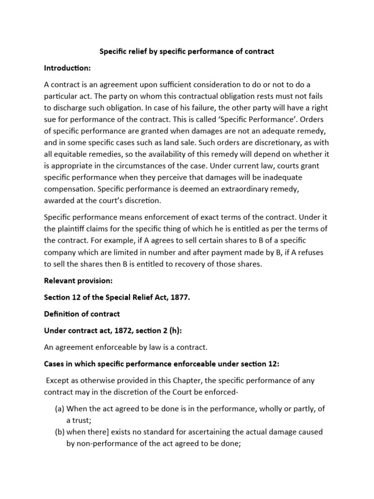 Specific Relief by Specific Performance of Contract | PDF | Specific ...
