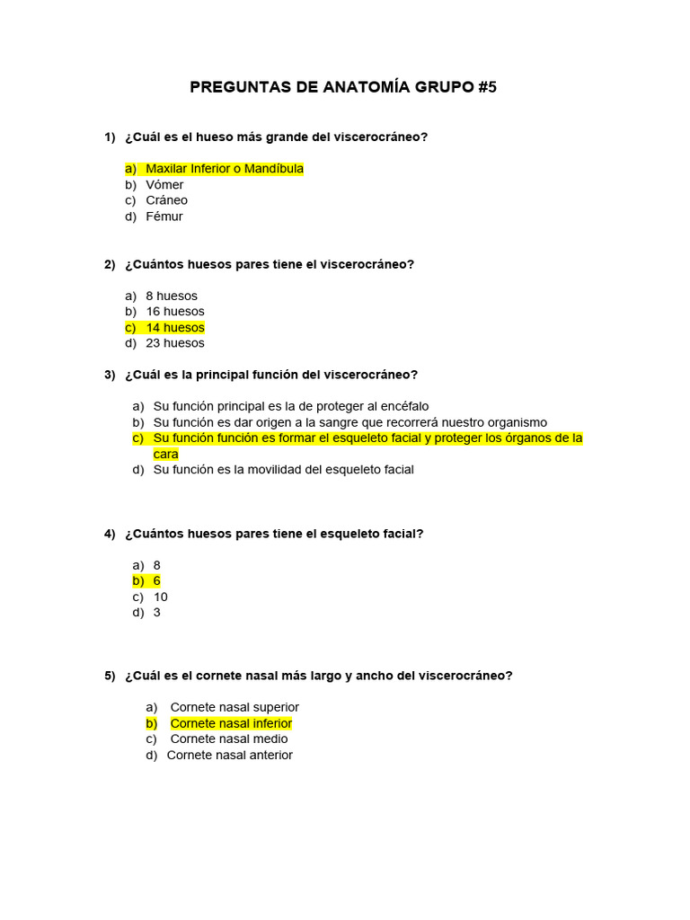 Preguntas de Anatomia Grupo 5 | PDF | Cráneo | Anatomía