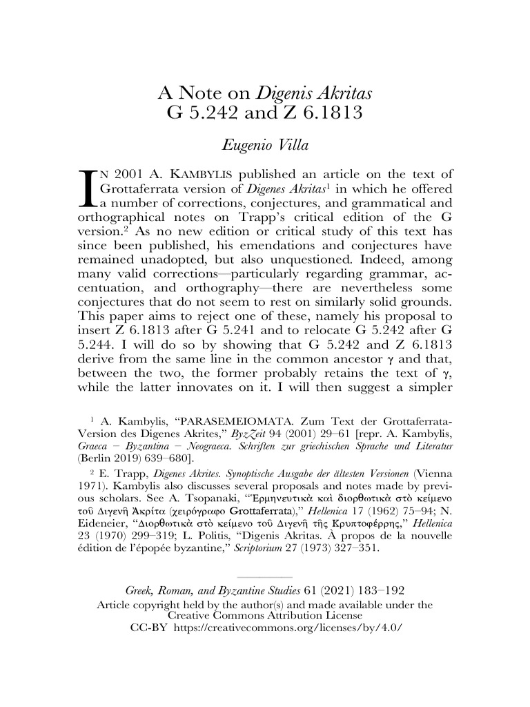 A Note On Digenis Akritas G 5.242 | PDF | Linguistics