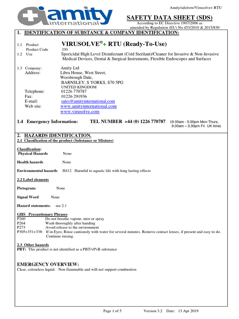 Virusolve RTU Row V3.2 Apr 19 | PDF | Safety | Chemical Substances