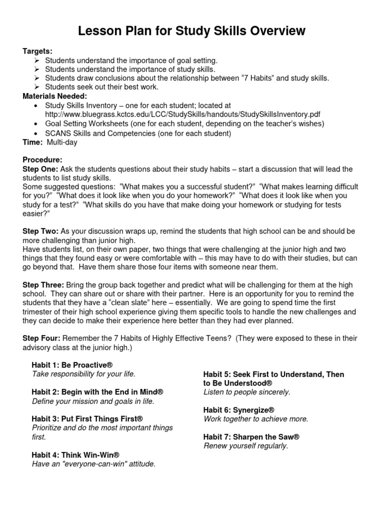 Lesson Plan Study Skills | PDF | Goal | Thought