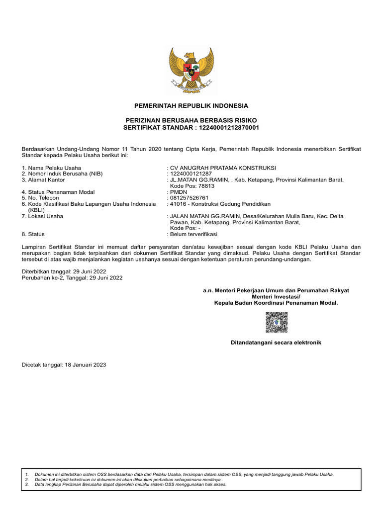 Nib CV - Anugrah Pratama Konstruksi | PDF | Teknologi & Rekayasa