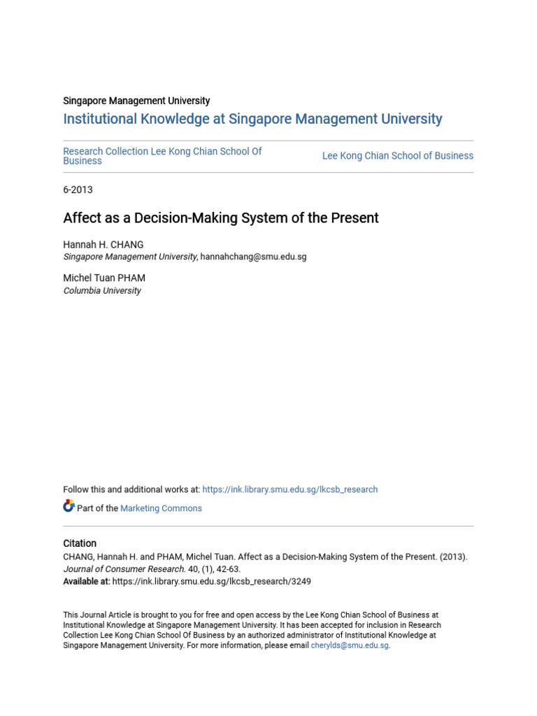 Affect As A Decision-Making System of The Present | Download Free PDF ...