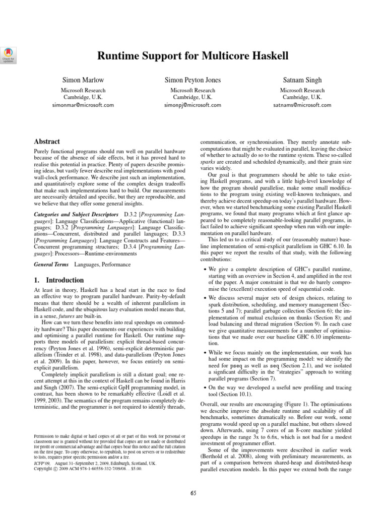 2009 Runtime Support For Multicore Haskell | PDF | Parallel Computing | Runtime System