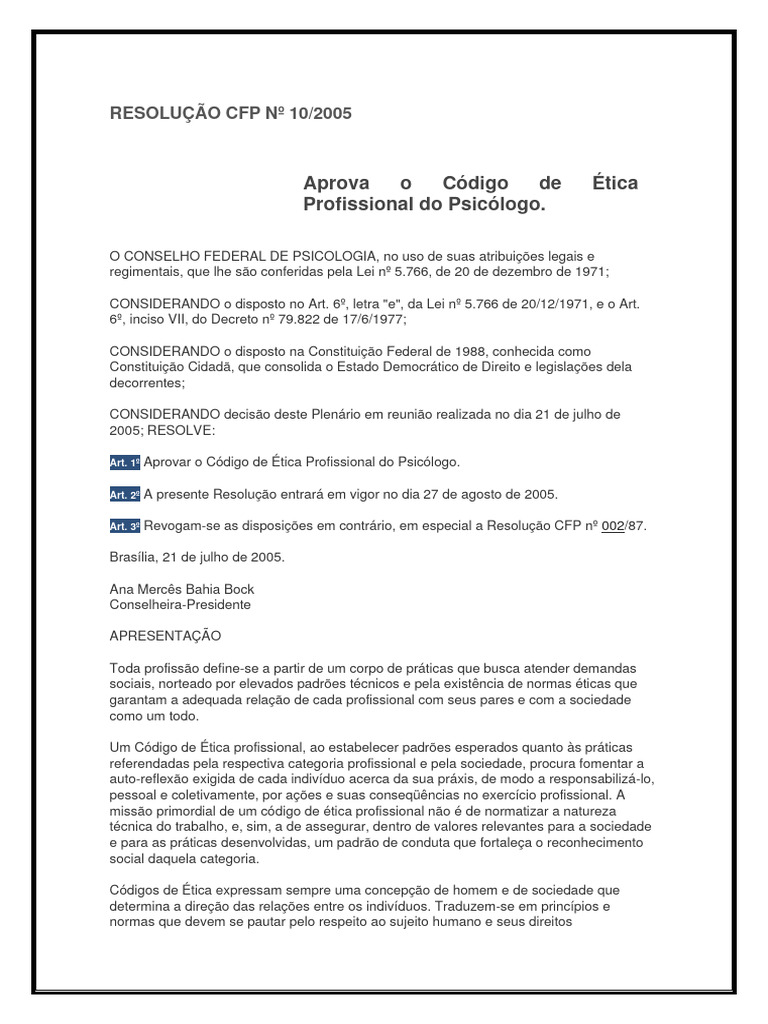 Resolução CFP 10 - 2005 Código de Ética Do Psicólogo | PDF | Psicologia ...
