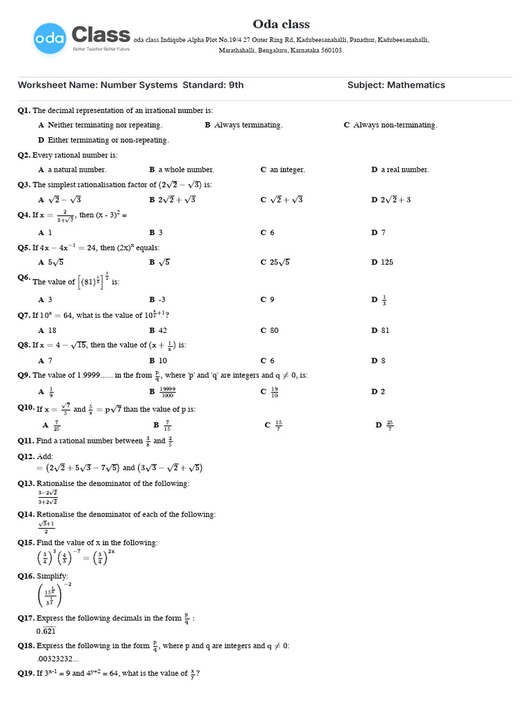 CH-1 Number System Worksheet PDF | PDF | Numbers | Lexicology