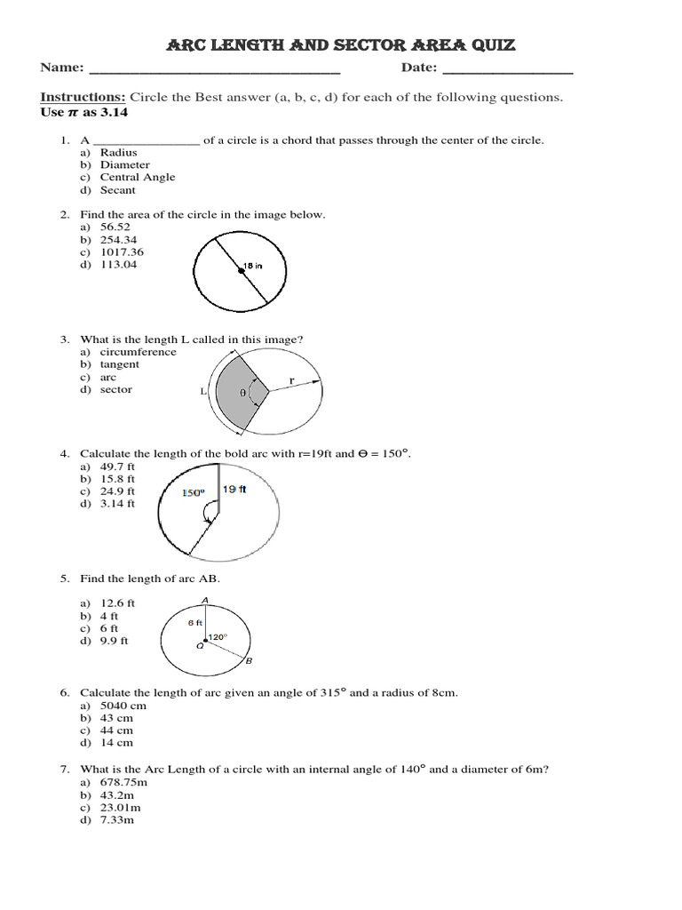 Arc Length and Sector Area Quiz - Gr.9 | PDF | Science & Mathematics