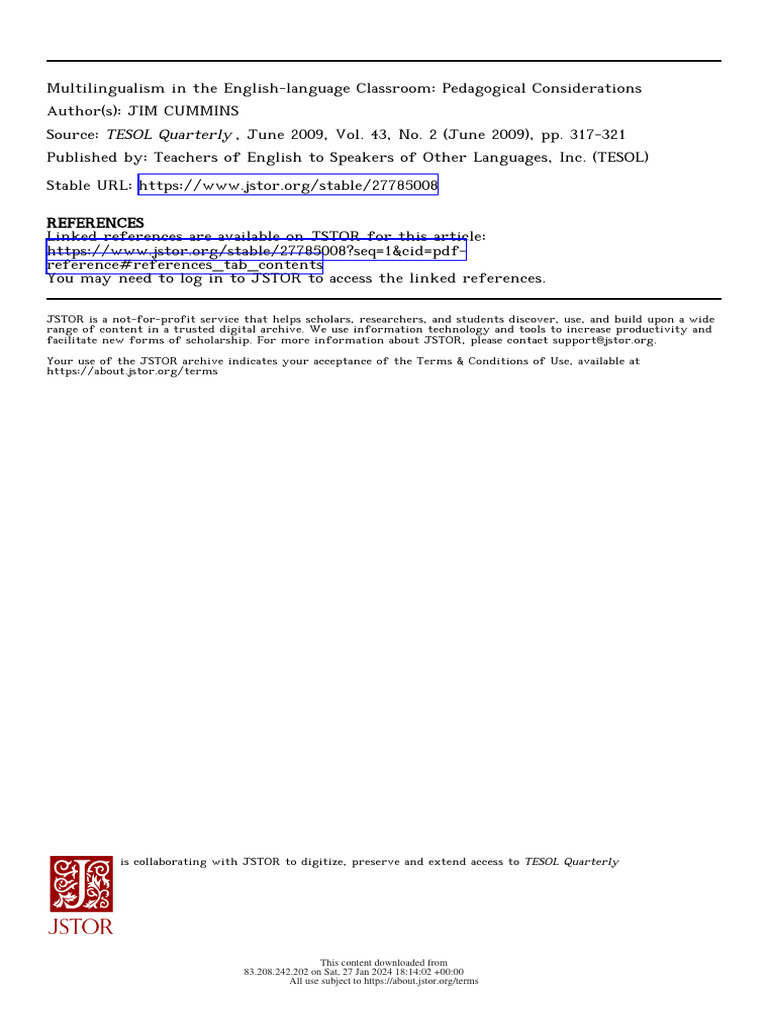 Cummins Multilingualismenglishlanguageclassroom 2009 Pdf English As