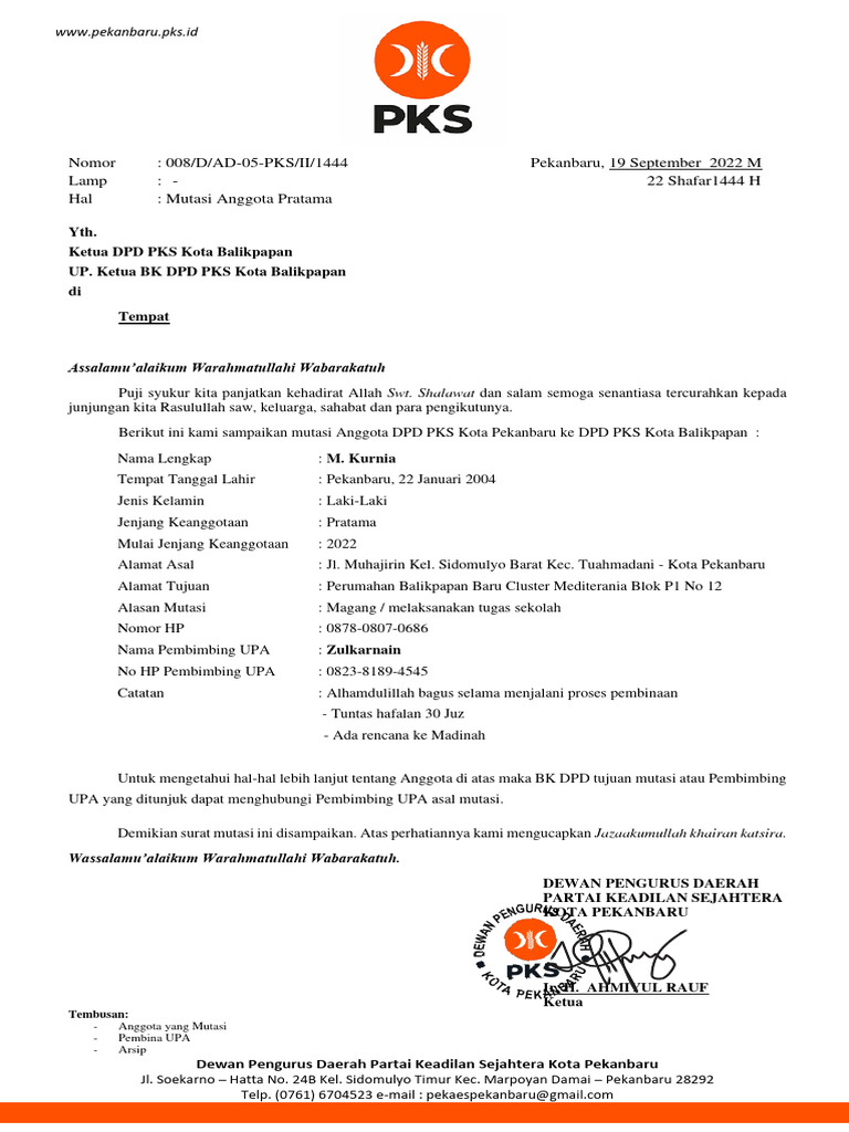 Surat Mutasi DPD | PDF