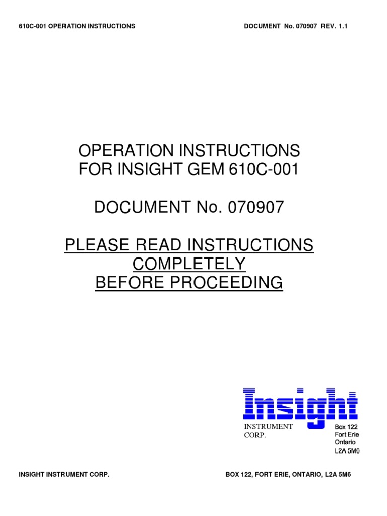 Operation Instructions For Insight Gem 610C-001 DOCUMENT No. 070907 ...