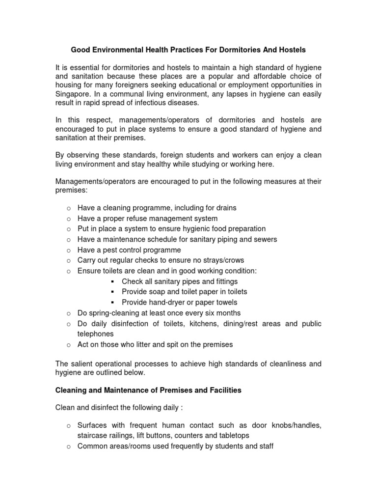 Good Environmental Health Practices For Dormitories and Hostels | PDF ...