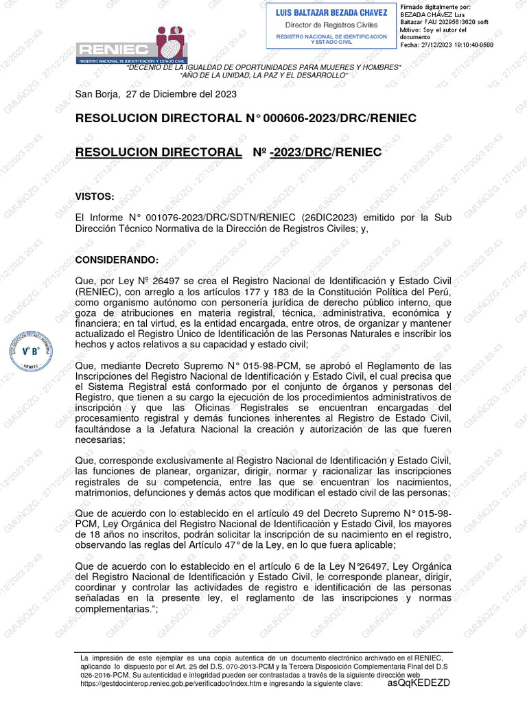 Resolucion Directoral #-2023/Drc/Reniec | PDF | Responsabilidad | República