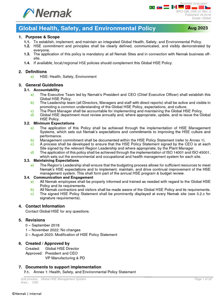 Global HSE Policy Overview | PDF | Occupational Safety And Health | Safety