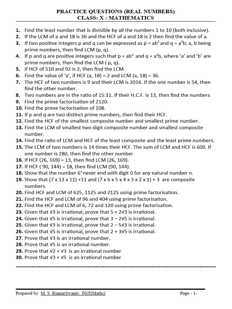 Practice Questions Real Numbers Class X | PDF