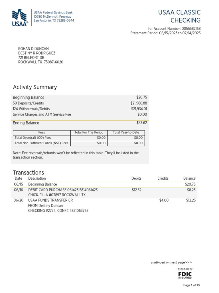 USAA Classic Checking Statement Summary | PDF | Transaction Account | Debit Card
