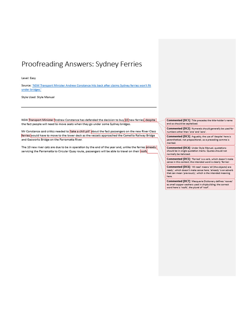 Proofreading Answers Sydney Ferries 1 | PDF | Linguistic Morphology | Syntax