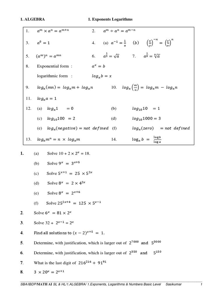 Exponents Basic Level SL & HL | Download Free PDF | Logarithm | Exponentiation