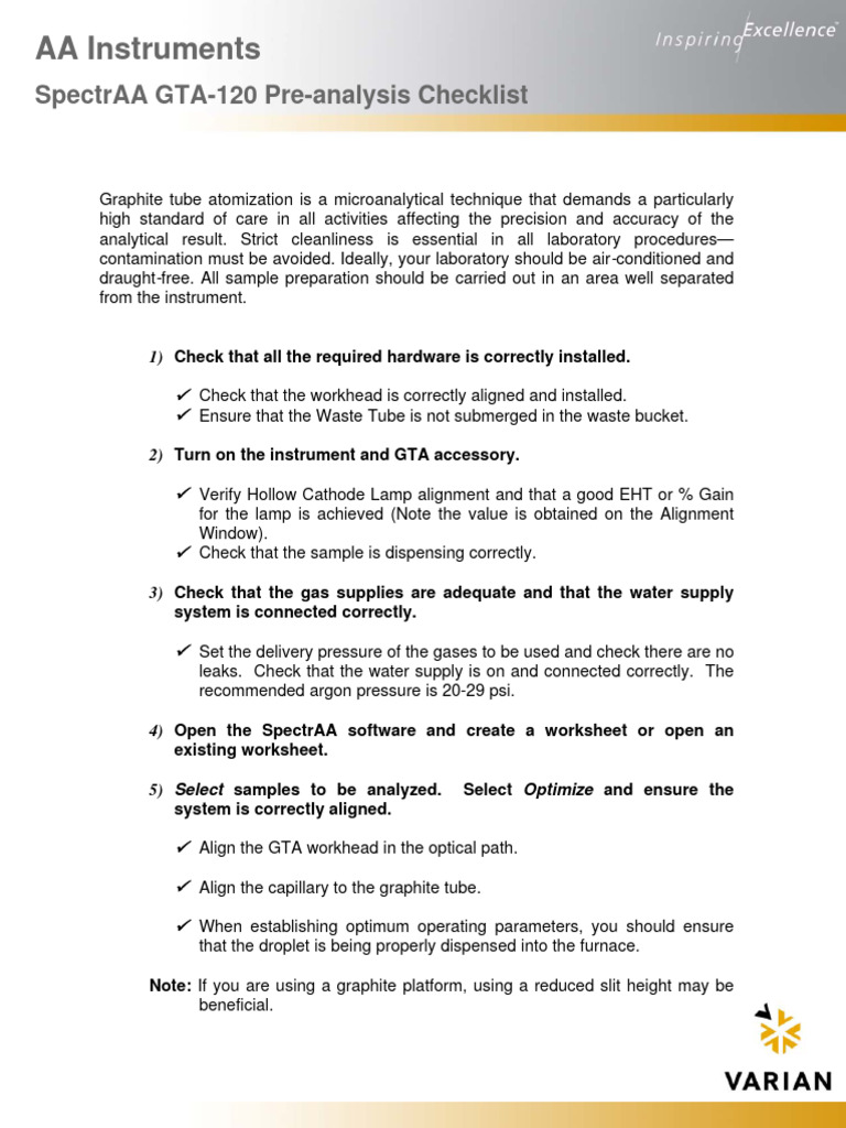 SpectraAA - GTA120 Pre Analysis Checklist | PDF | Applied And ...