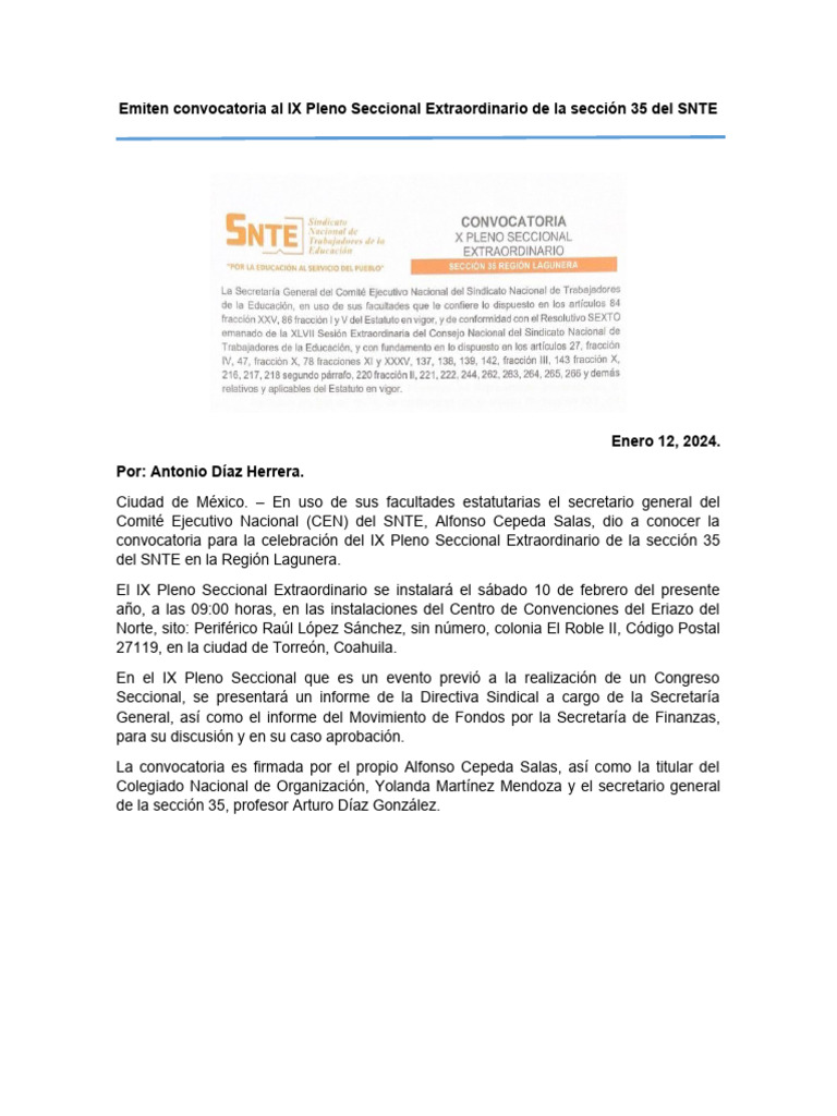 Emiten Convocatoria Al IX Pleno Seccional Extraordinario de La Sección 35 Del SNTE | PDF