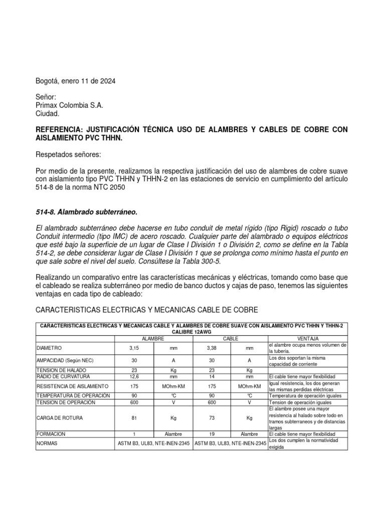 Justificación Técnica Uso de Alambres y Cables THHN y THHN-2 | PDF