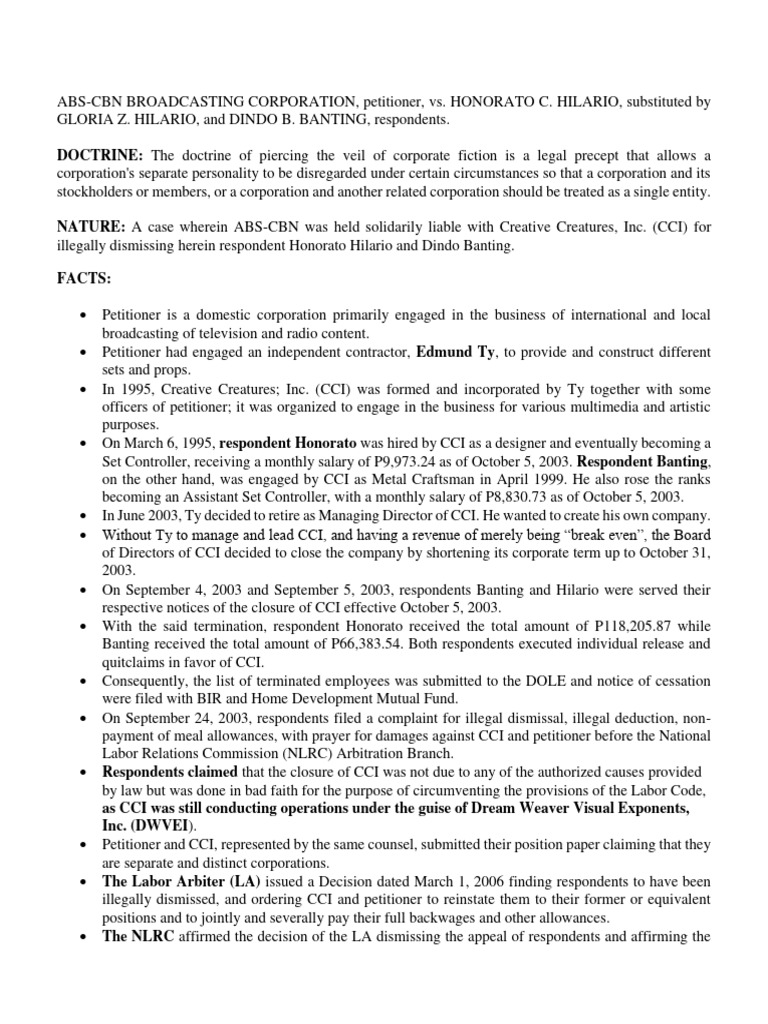 13 ABS CBN Vs Hilario and Banting | PDF | Piercing The Corporate Veil ...