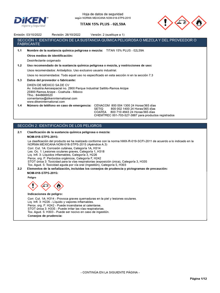 TITAN 15% PLUS Hoja de Datos de Seguridad | PDF | Agua | Toxicología