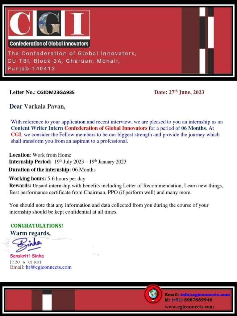 CGI Offer Letter-Varkala Pavan | PDF