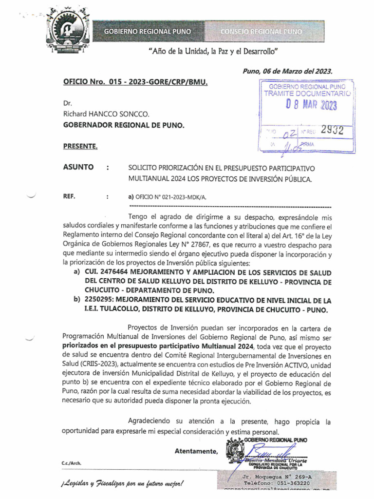 Oficio 15 Priorizacion Proyectos Kelluyo | PDF