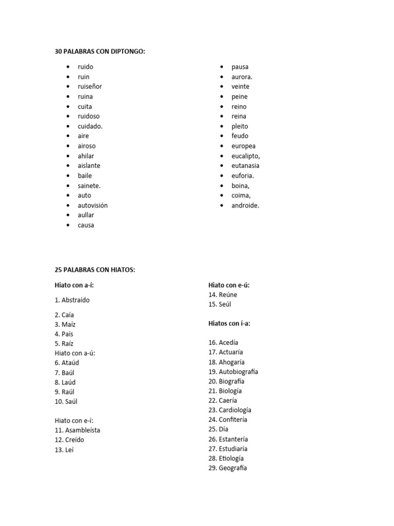 30 Palabras Con Diptongo | PDF