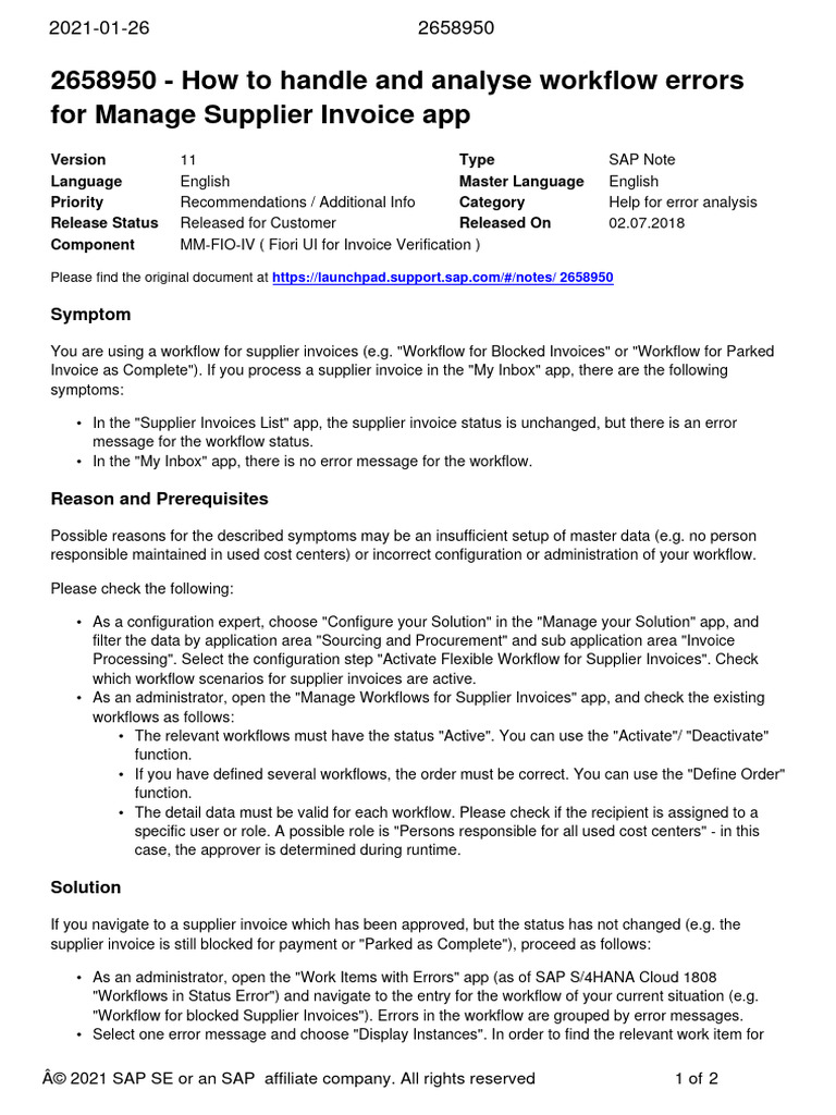 OSS Note 2658950 - How To Handle and Analyse Workflow Errors For Manage ...
