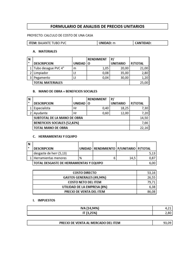 Proy Eco Formulario de Analisis de Precios Unitarios | PDF | Sector secundario de la economía ...