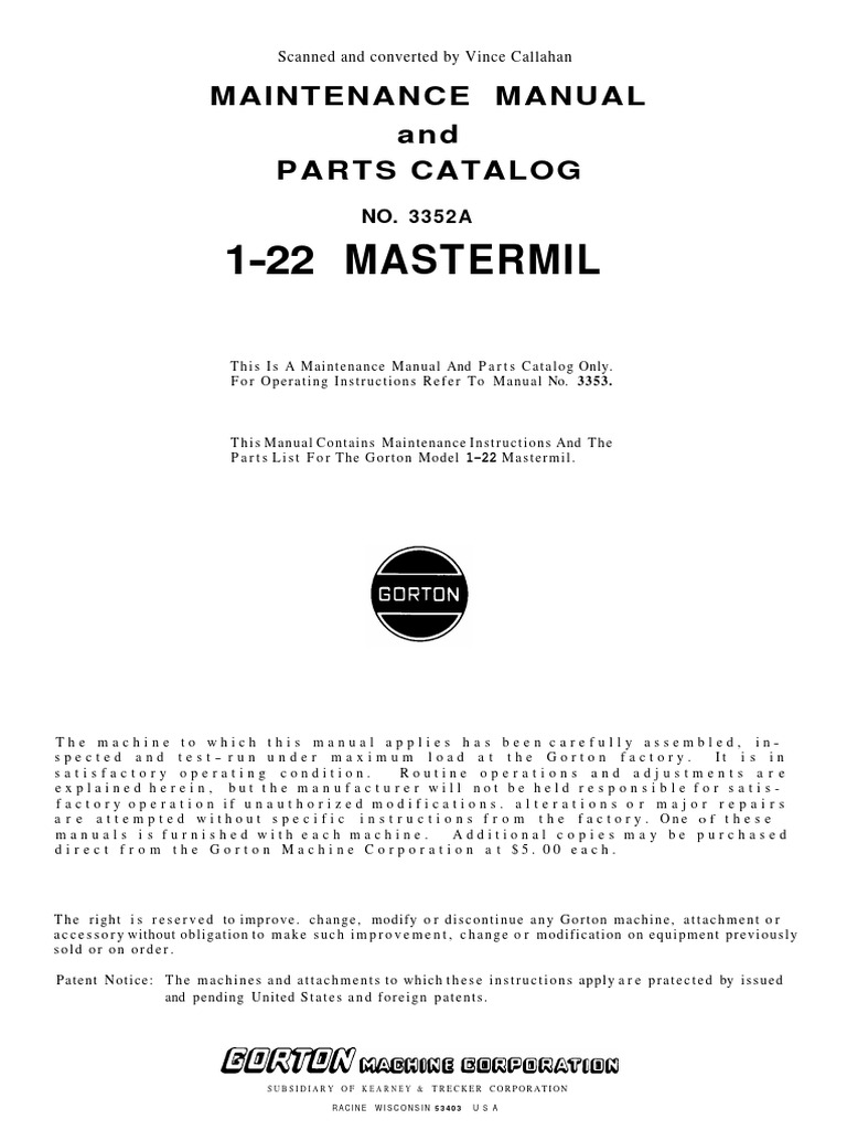 Gorton MasterMill Maintenance Manual | PDF | Electric Motor | Screw