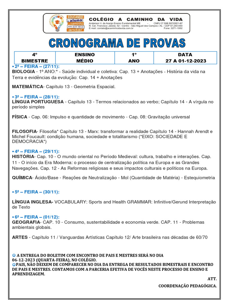 Cronograma de Provas - 4°bimestre | PDF