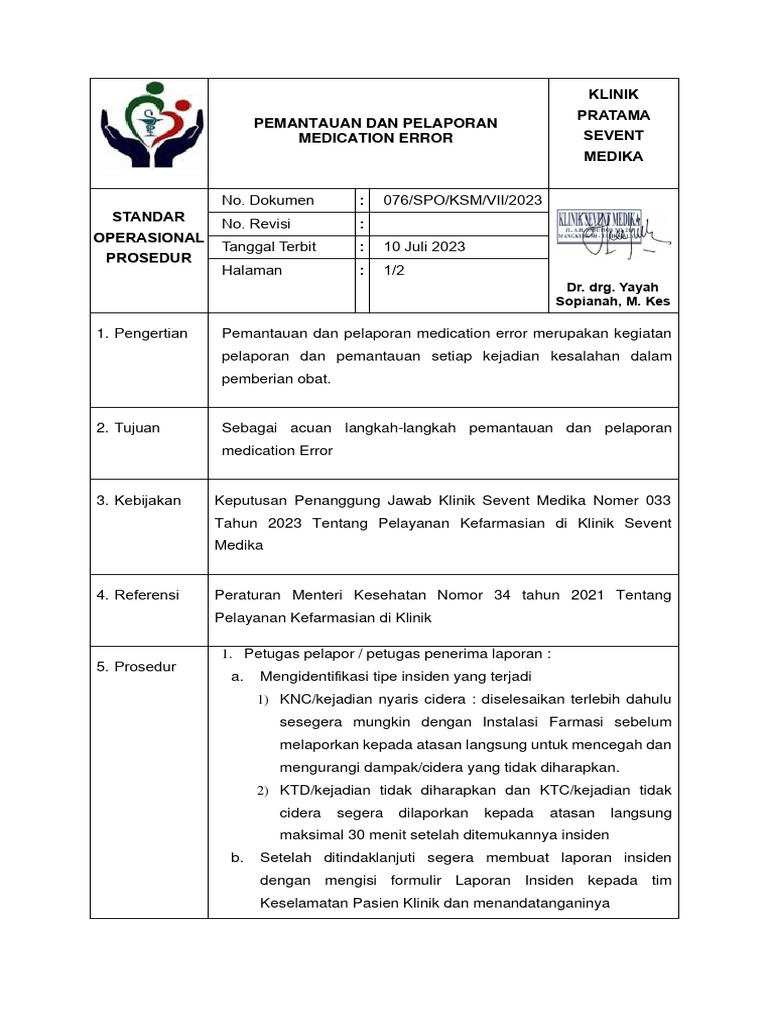 Sop Pemantauan Dan Pelaporan Medication Error | PDF