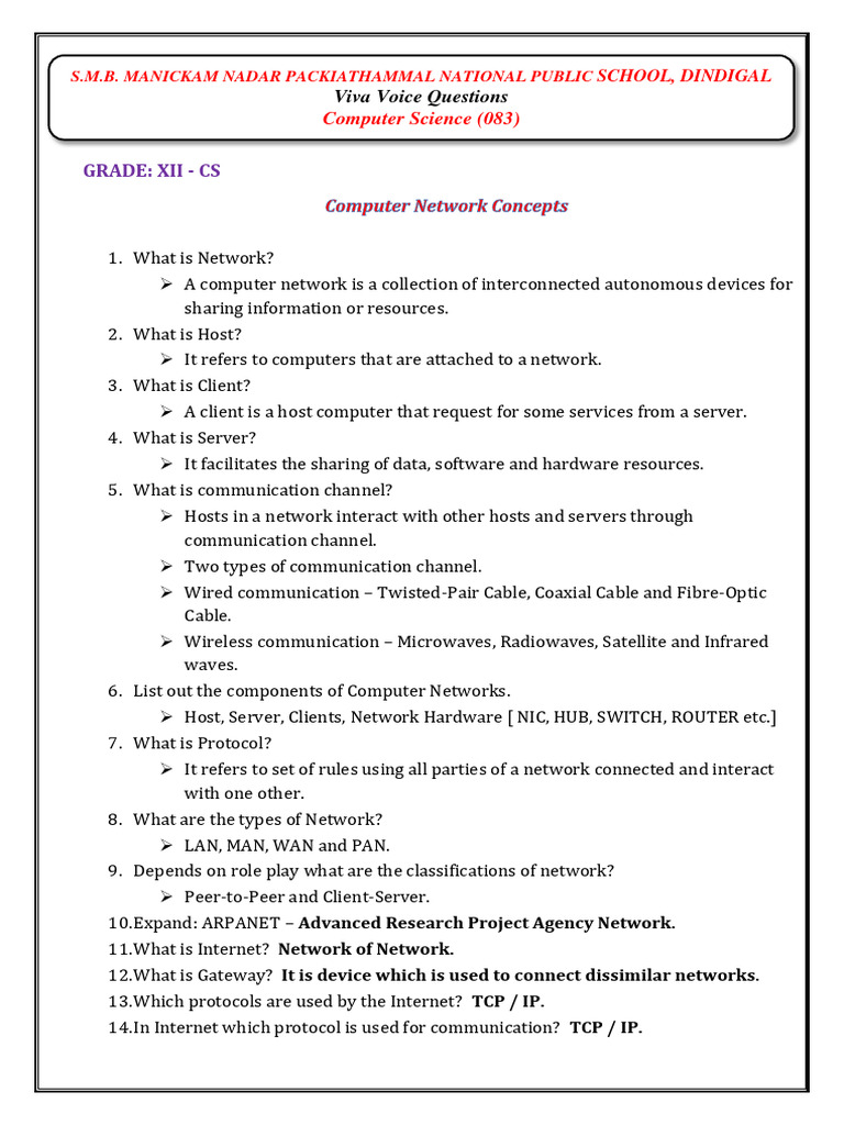 Viva Voice Questions Grade: XII - CS | PDF | Computer Network | Network Topology